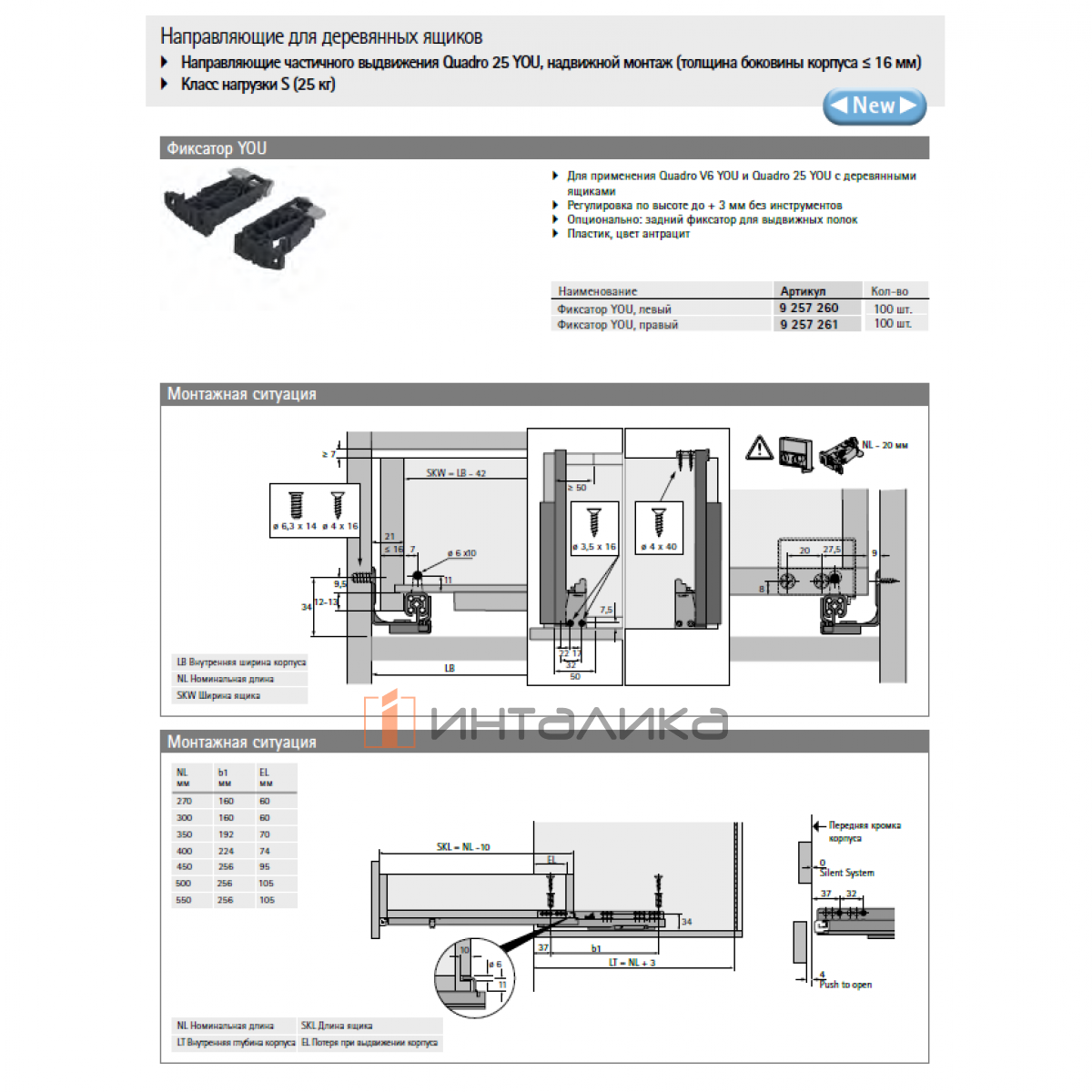 Комплект скрытых направляющих HETTICH Quadro 25 YOU, Push to open ...