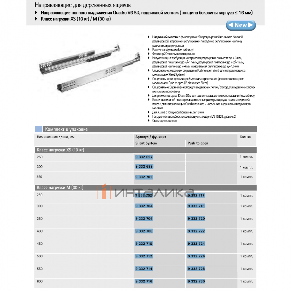 Комплект скрытых направляющих HETTICH Quadro V6 5D, Push to open Silent ...